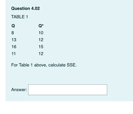 Solved Question 4.02 TABLE 1 Q Q* 8 10 13 12 15 16 11 12 For | Chegg.com