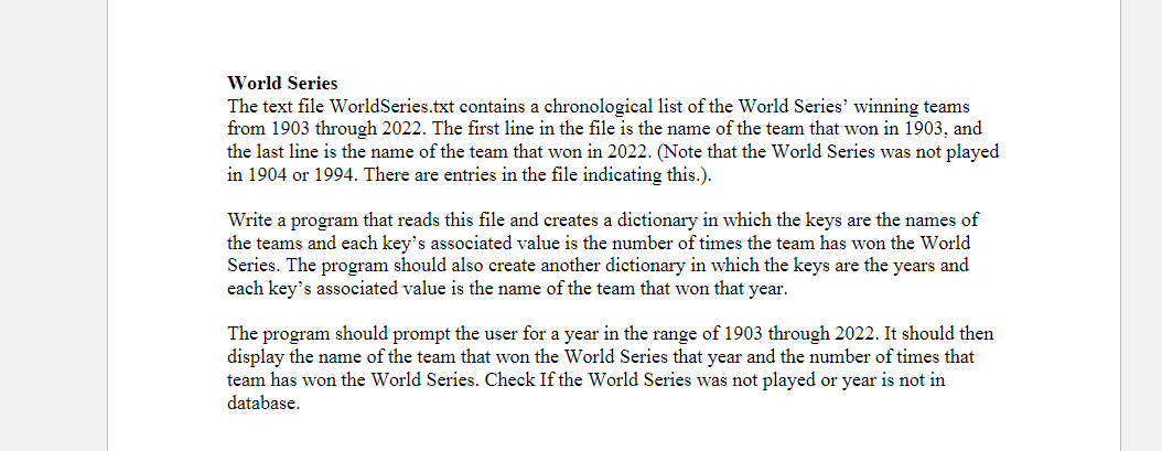 Solved World Series The text file WorldSeries.txt contains a | Chegg.com