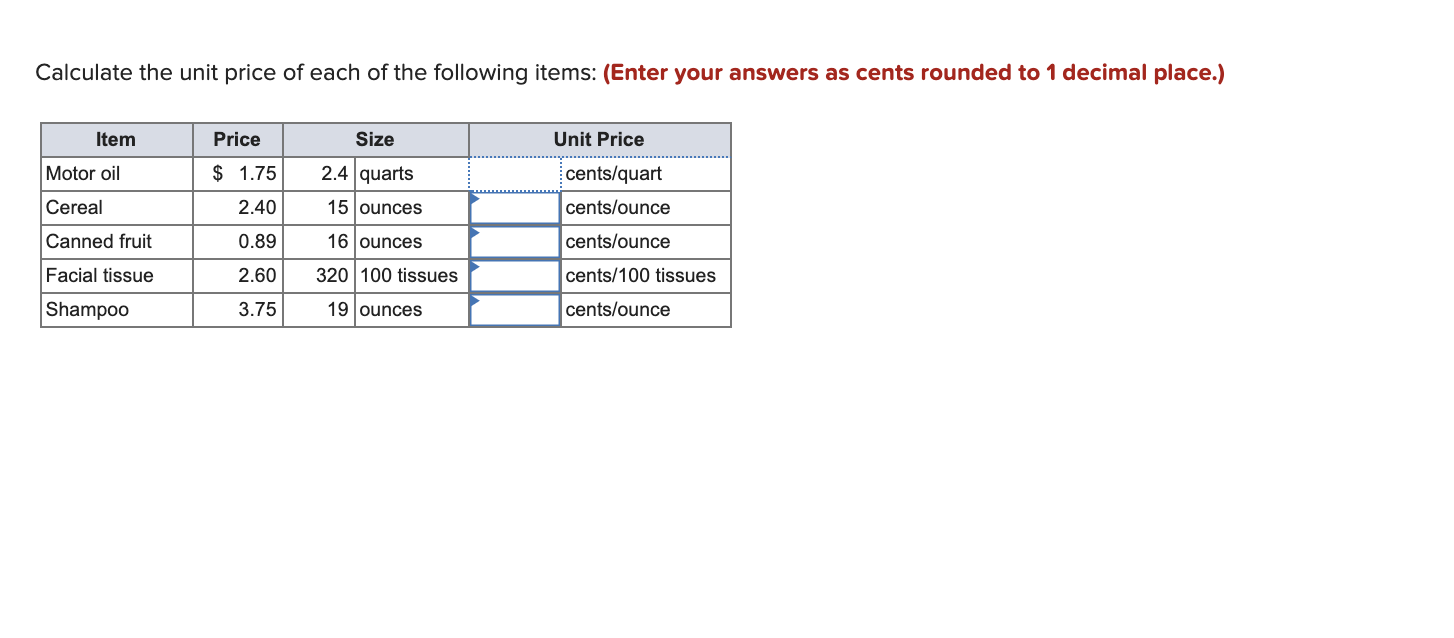 Solved Calculate the unit price of each of the following | Chegg.com