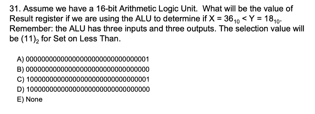 Solved 31. Assume we have a 16-bit Arithmetic Logic Unit. | Chegg.com