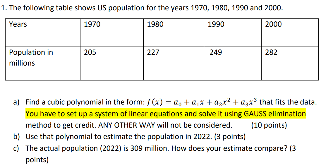 Solved The following table shows US population for the years | Chegg.com