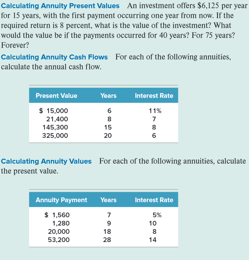 Solved Calculating Annuity Present Values An investment | Chegg.com