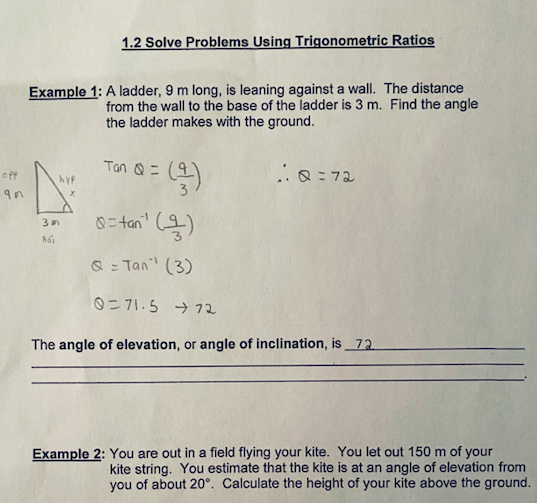 Solved 1.2 Solve Problems Using Trigonometric Ratios Example | Chegg.com