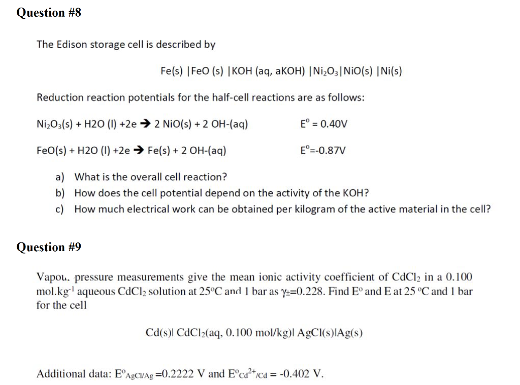 Solved The Edison storage cell is described by | Chegg.com