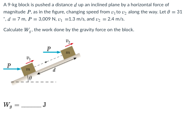 Solved A 9-kg block is pushed a distance d up an inclined | Chegg.com