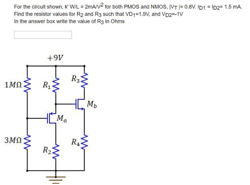 Solved For the circuit shown, k′W/L=2mA/V2 for both PMOS and | Chegg.com