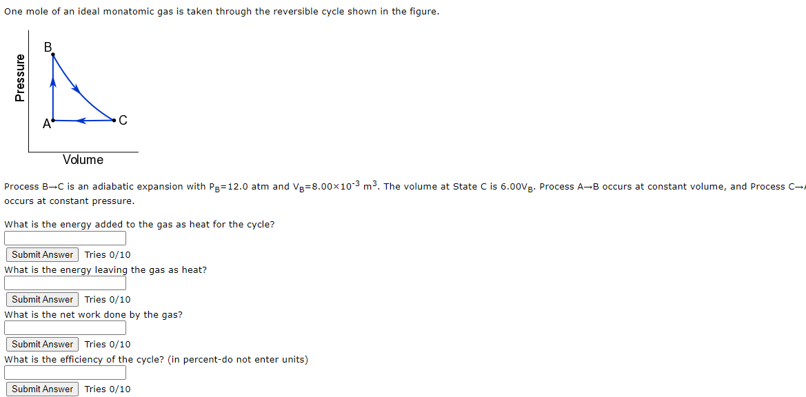 Solved One mole of an ideal monatomic gas is taken through | Chegg.com