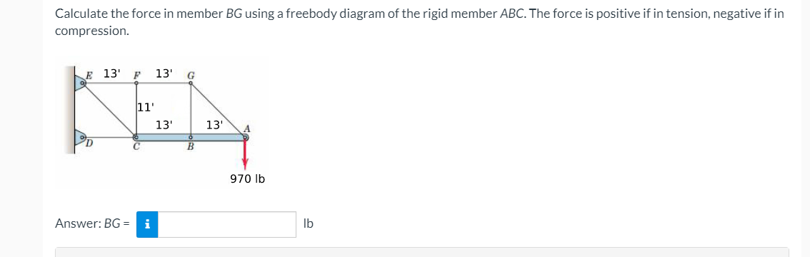 Solved Calculate the force in member BG using a freebody | Chegg.com