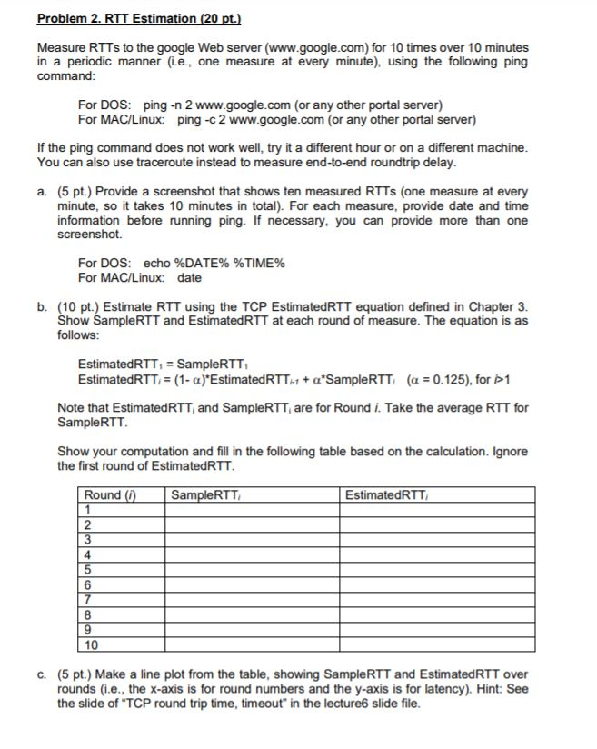 Solved Problem 2. RTT Estimation (20 pt.) Measure RTTs to | Chegg.com