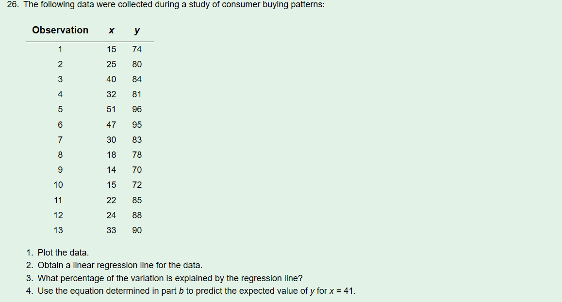 Solved 26. The following data were collected during a study | Chegg.com