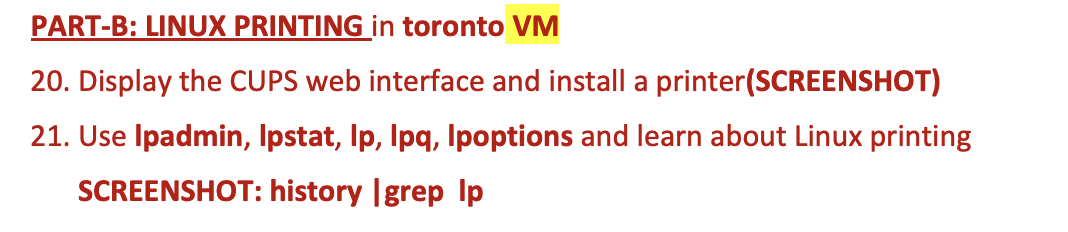 PART-B: LINUX PRINTING in toronto VM 20. Display the | Chegg.com