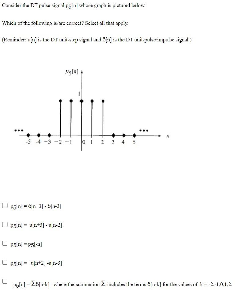 Solved Consider the DT pulse signal p5[n] whose graph is | Chegg.com