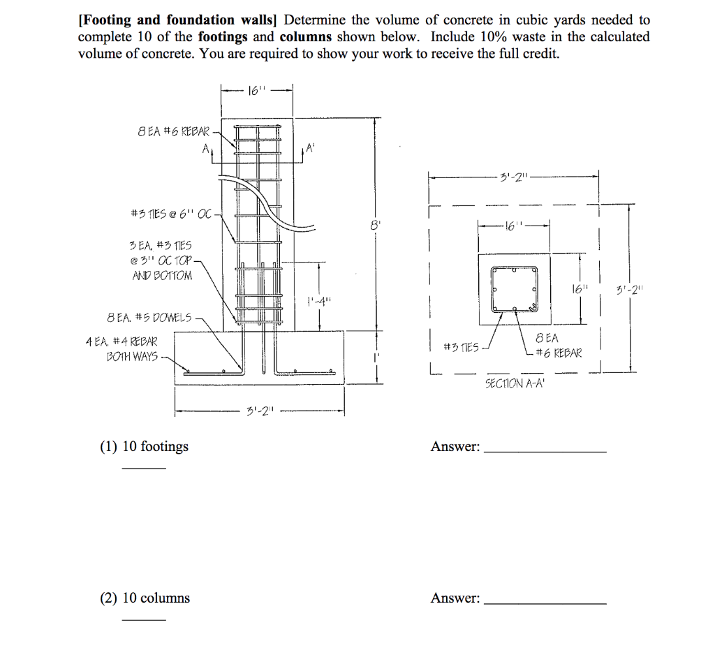 Solved [Footing and foundation walls] Determine the volume | Chegg.com