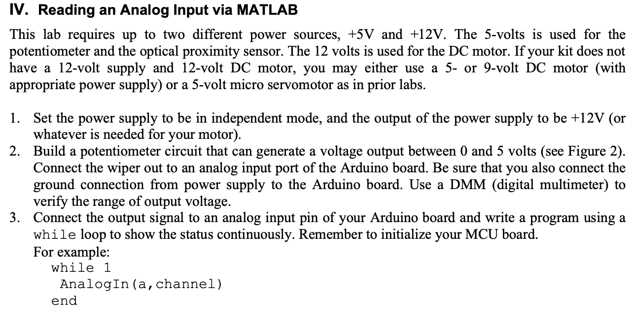 Solved IV. ﻿Reading an Analog Input via MATLABThis lab | Chegg.com