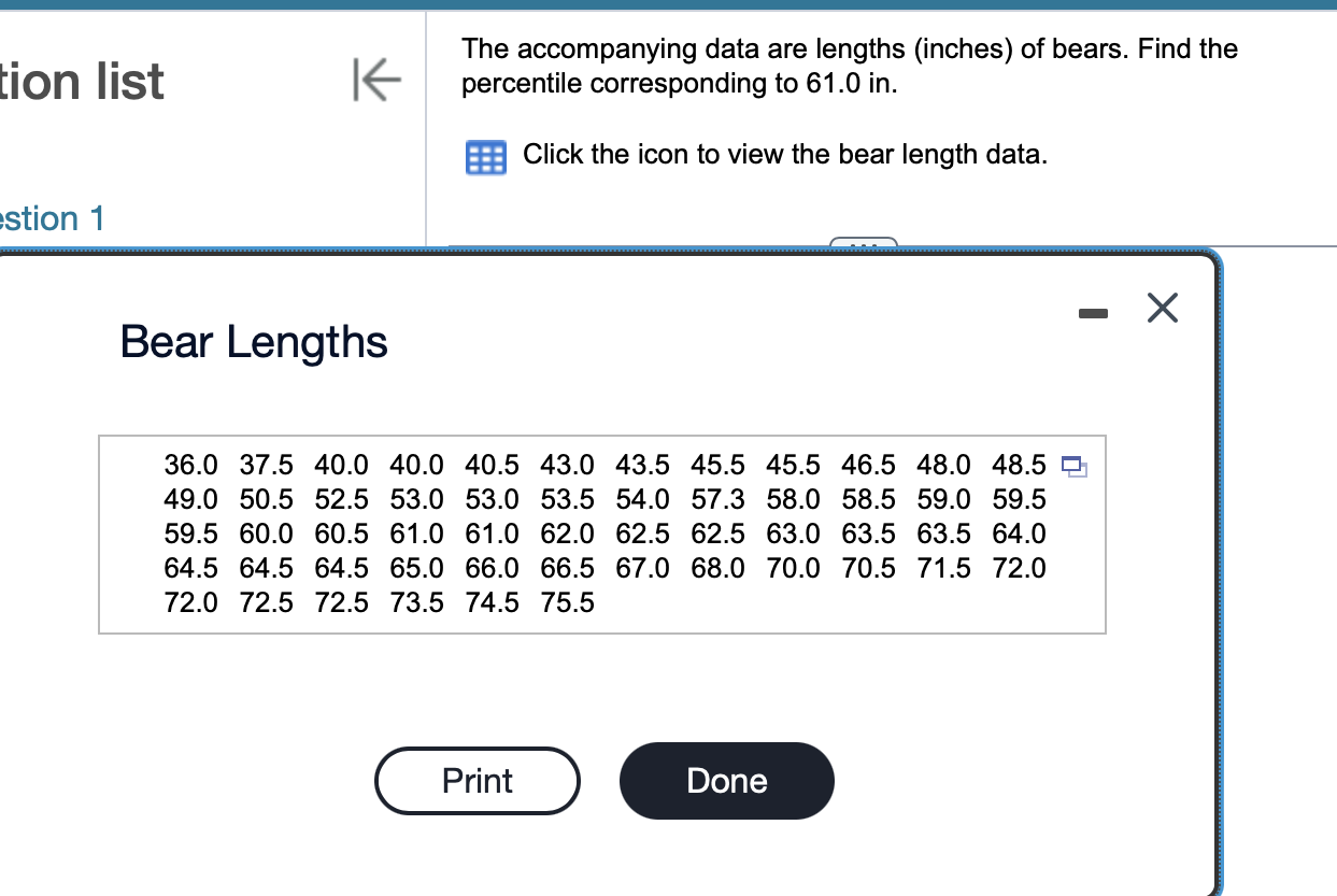The accompanying data are lengths (inches) ﻿of bears. | Chegg.com