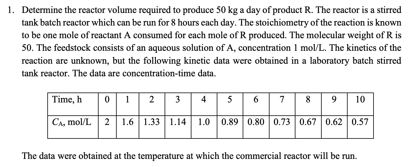 Solved 1. Determine the reactor volume required to produce | Chegg.com