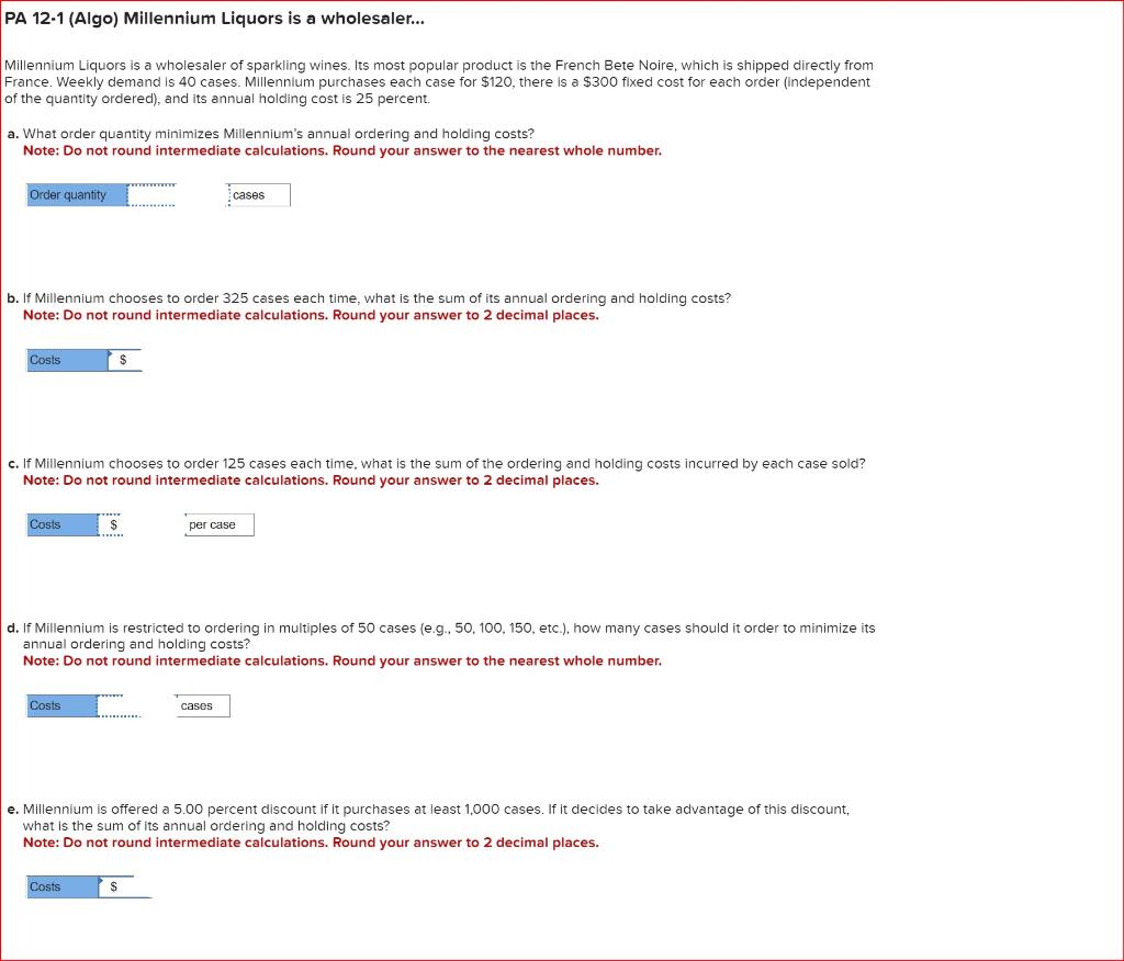 Solved PA 12−1 (Algo) Millennium Liquors is a wholesaler... | Chegg.com