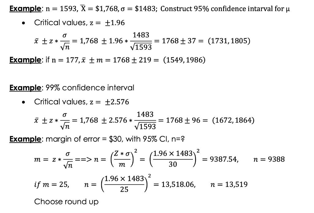 Solved Example: n=1593,X=$1,768,σ=$1483; Construct 95% | Chegg.com