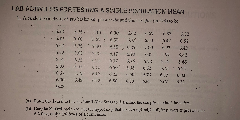 Solved Lab Activities For Testing A Single Population Mean