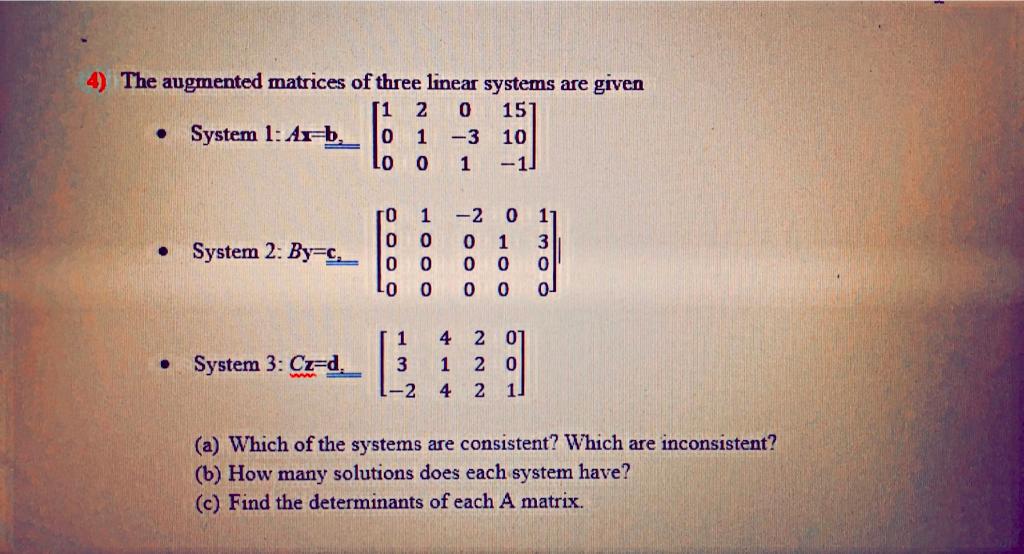 Solved Q. The augmented matrices of three linear systems are | Chegg.com