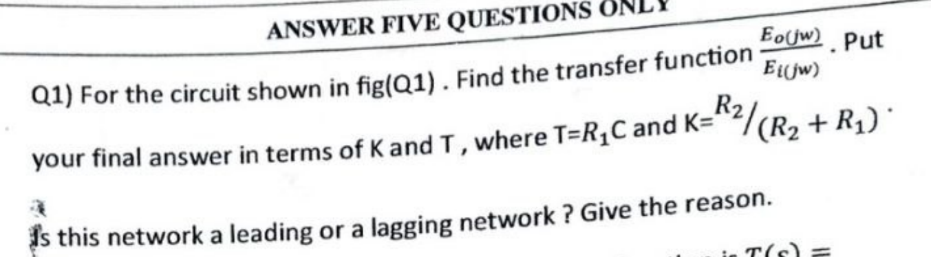 Solved Eow) Put Elljw) ANSWER FIVE QUESTIONS Q1) For the | Chegg.com