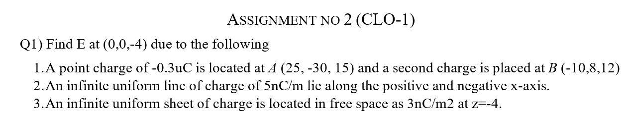 ASSIGNMENT NO 2 (CLO-1) Q1) Find E at (0,0,−4) due to | Chegg.com