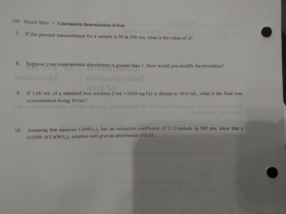 Solved 130 Report Sheet Colorimetric Determination of Iron | Chegg.com