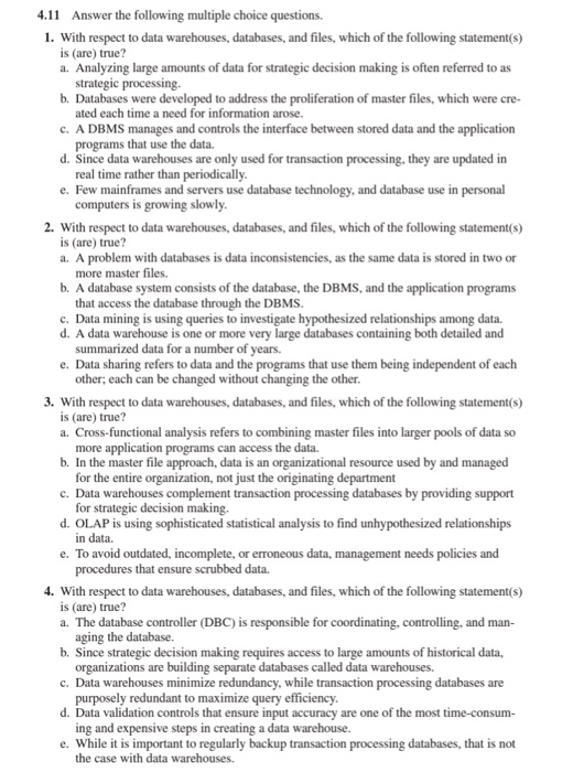 Solved 411 Answer Following Multiple Choice Questions 1 Respect Data Warehouses Databases