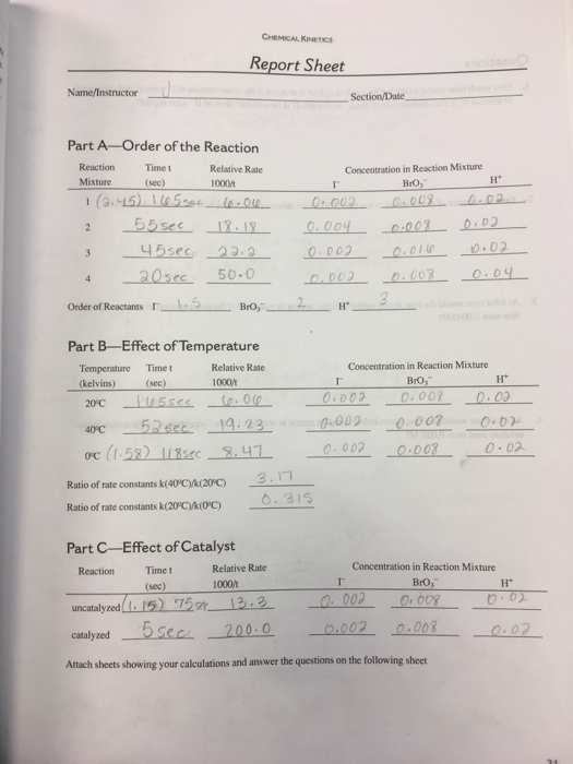 Solved CHEMICAL KINETICS Report Sheet Name/Instructor | Chegg.com