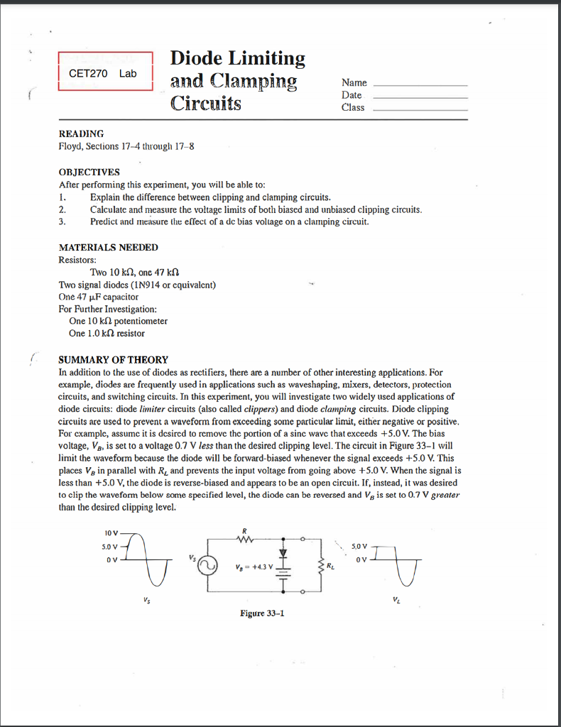 Solved CET270 Lab Diode Limiting and Clamping Circuits Name | Chegg.com