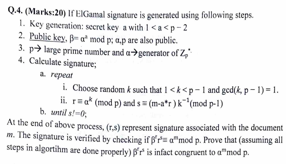 Solved Q.4. (Marks:20) If ﻿ElGamal signature is ﻿generated | Chegg.com