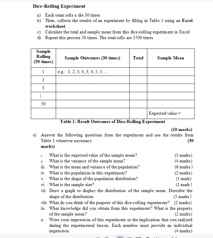 Solved Dice-Rolling Experiment a) Each team rolls a die 30 | Chegg.com