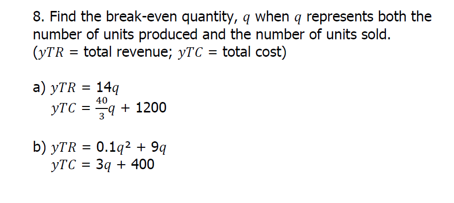Solved 8. Find the break-even quantity, q when q represents | Chegg.com