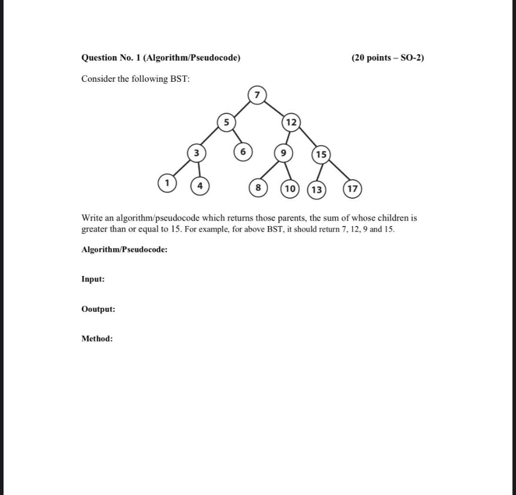 Solved Question No. 1 (Algorithm/Pseudocode) (20 points - | Chegg.com