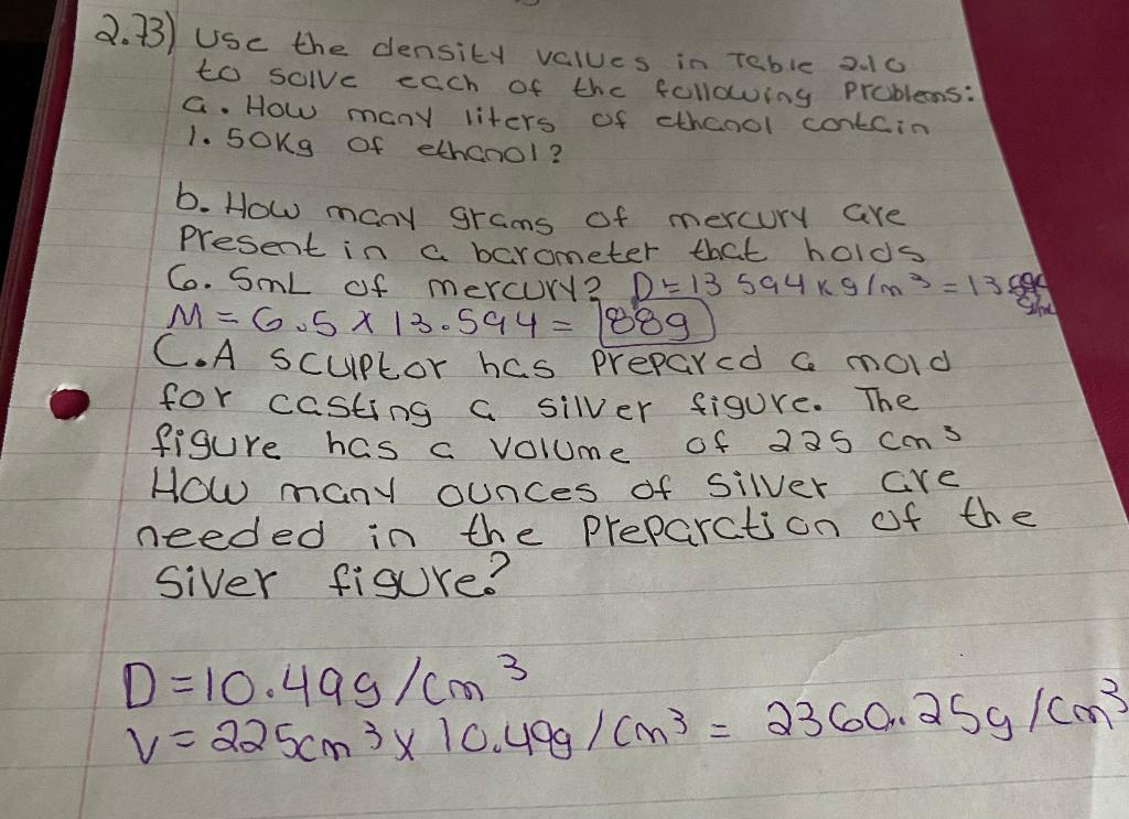 Solved 2.73) Use the density values in Teble 2.10 to solve | Chegg.com