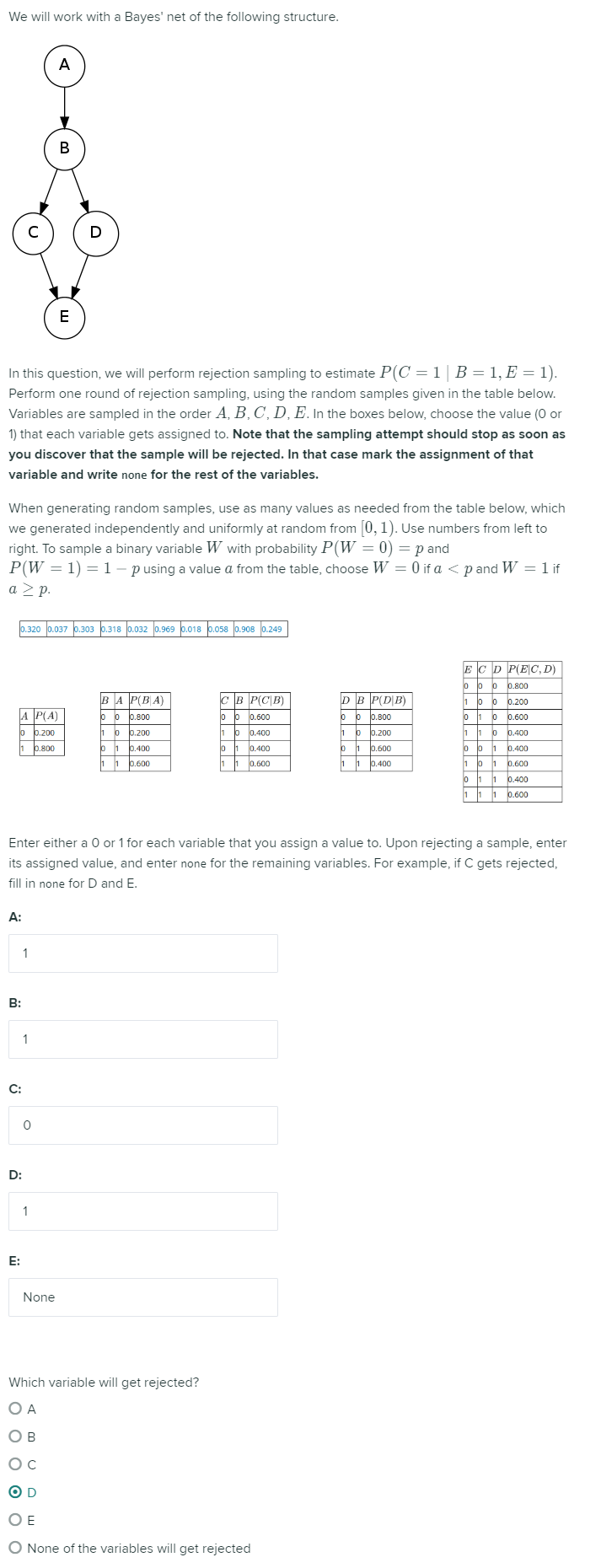 A bayes' net questions from my intro to AI assignment | Chegg.com