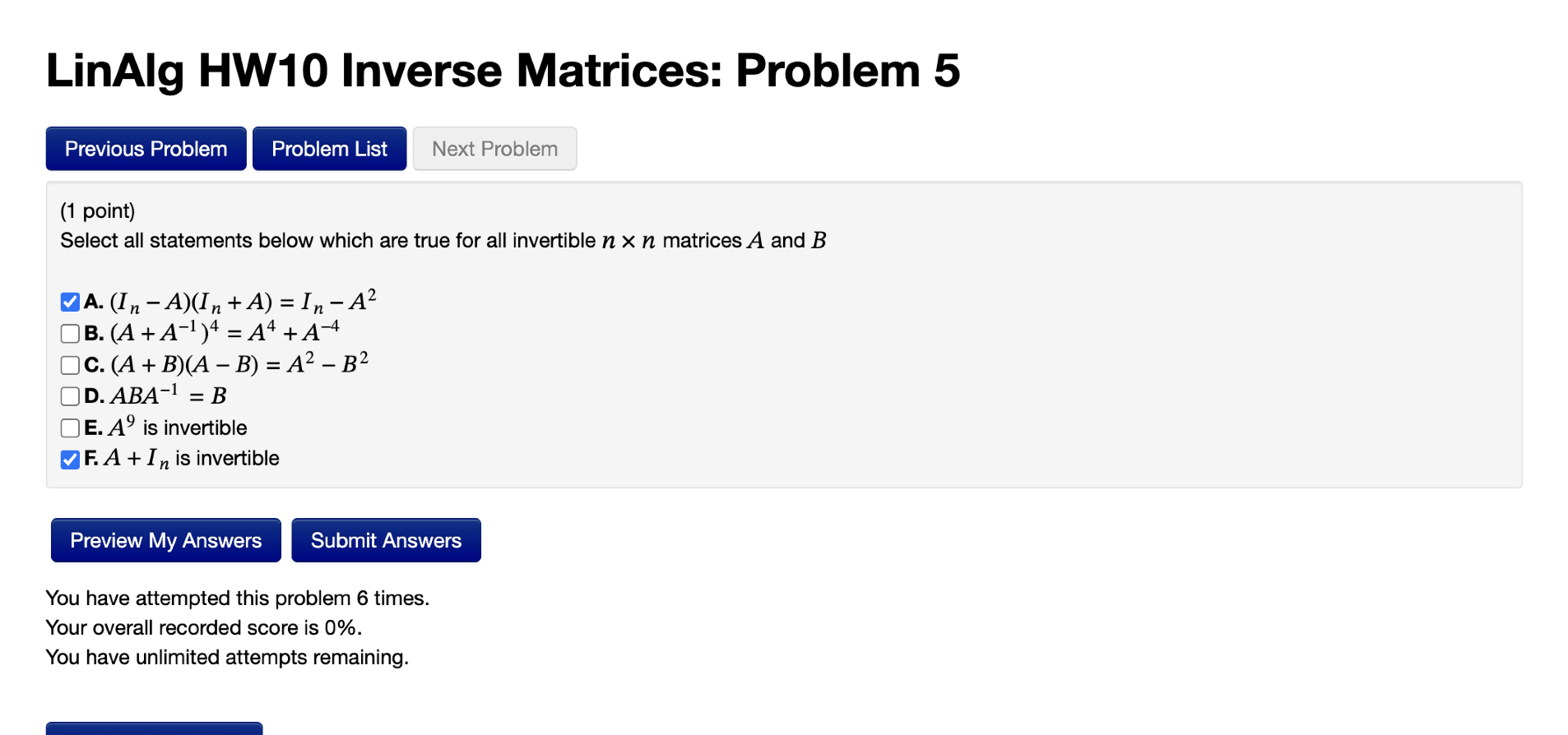 Solved LinAlg HW10 Inverse Matrices: Problem 5 (1 point) | Chegg.com