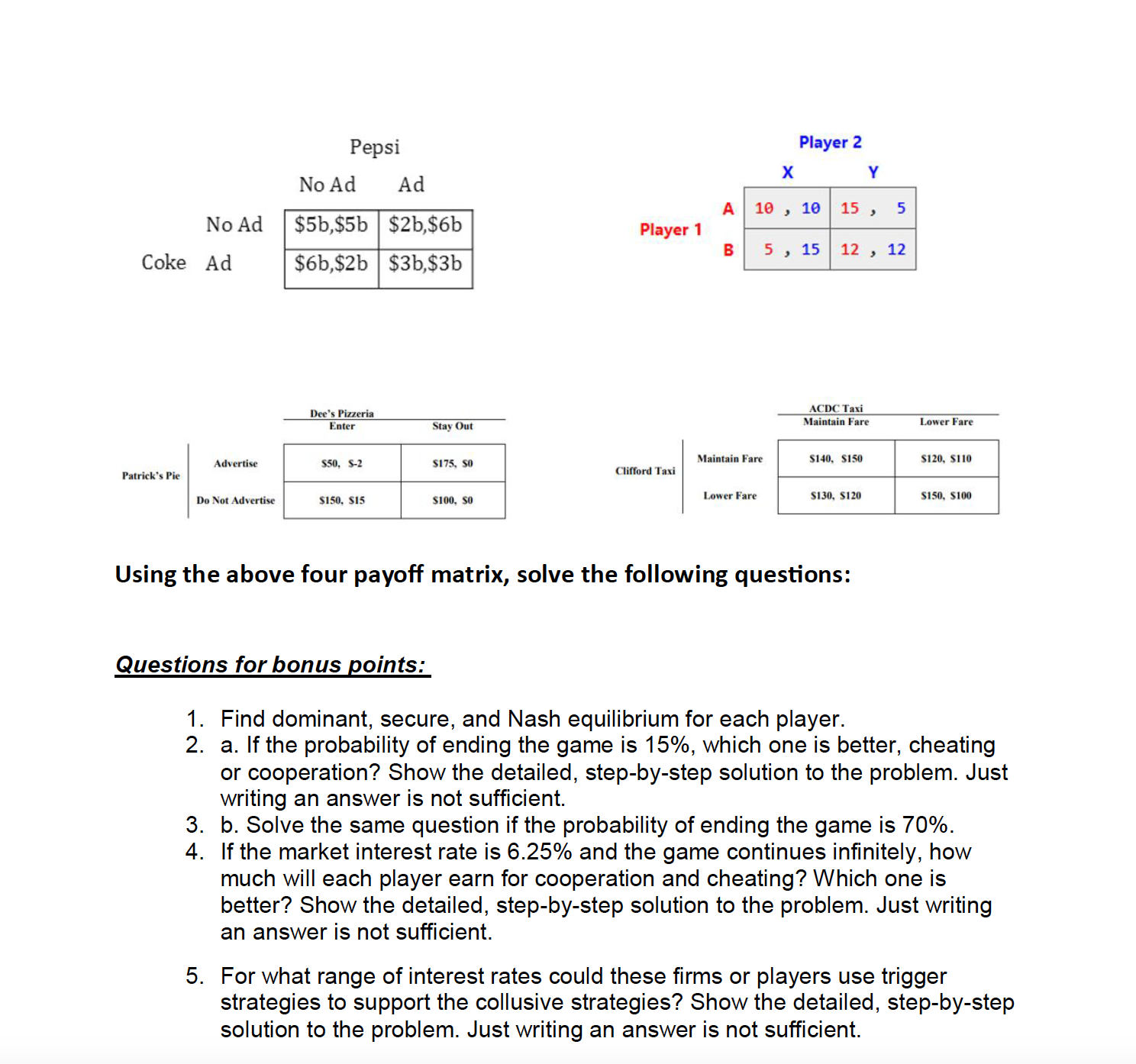 Using the above four payoff matrix, solve the | Chegg.com