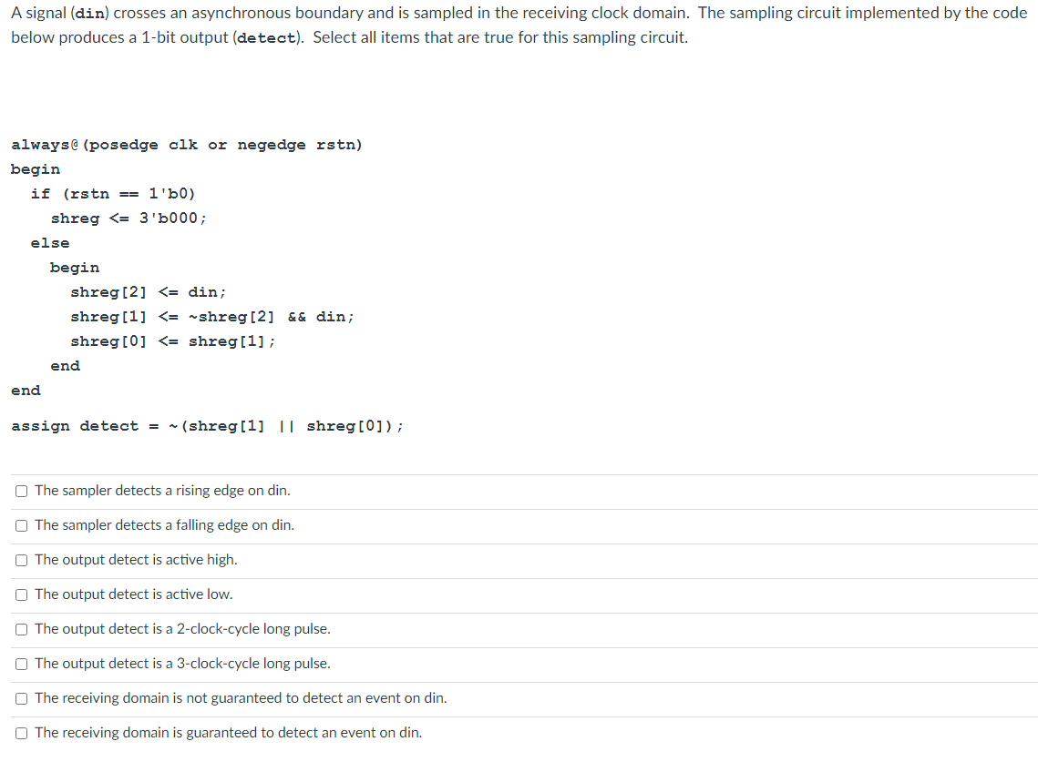 Solved A signal (din) crosses an asynchronous boundary and | Chegg.com
