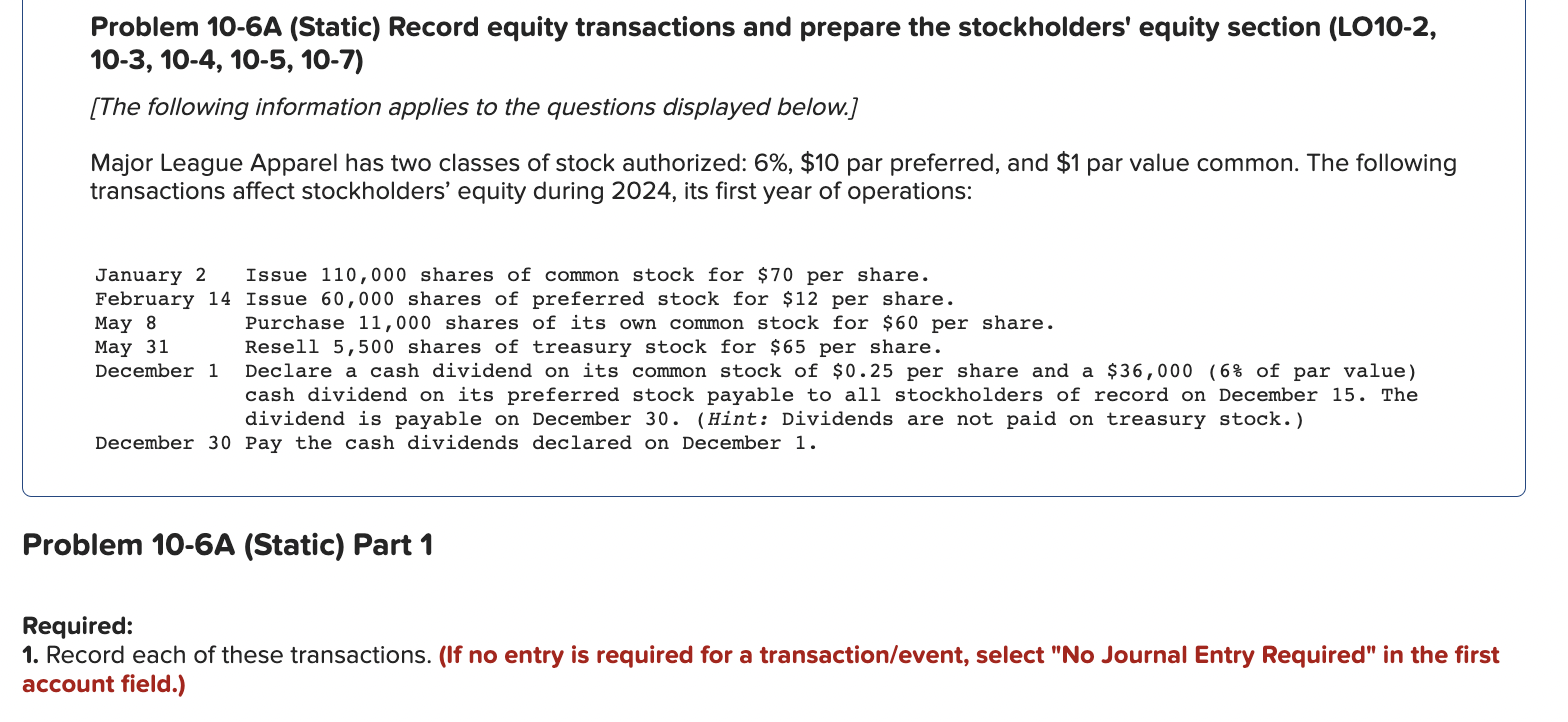 Solved Problem 10-6A (Static) Record equity transactions and | Chegg.com