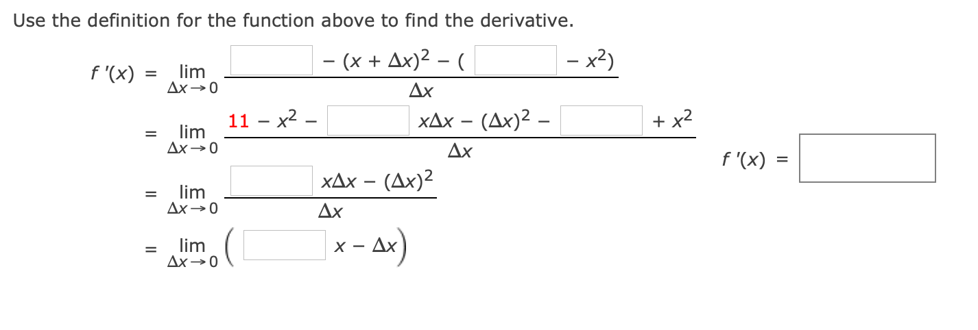 Solved Find the derivative by the limit process. f(x) = 11 – | Chegg.com