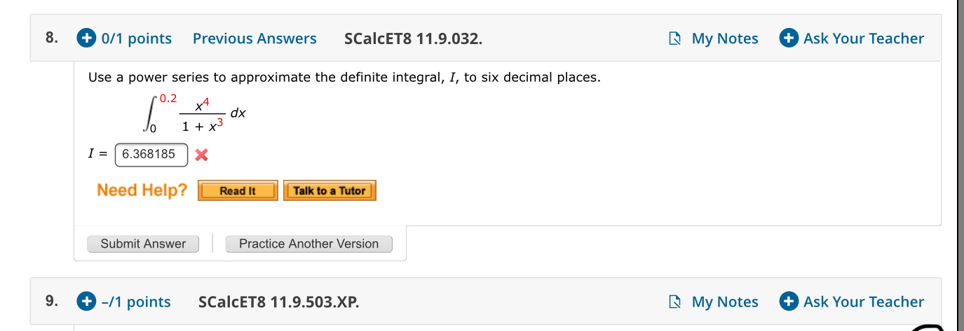 Solved 0 0/1 points Previous Answers SCalcET8 11.9.032. My | Chegg.com