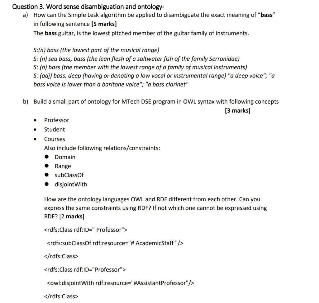 Solved Question 3. Word sense disambiguation and ontology- | Chegg.com