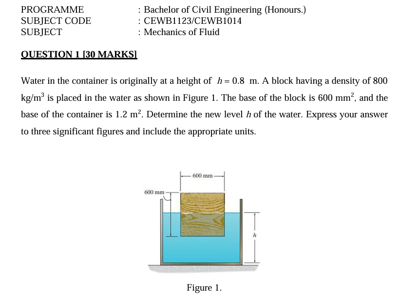 Solved OUESTION 1 [30 ﻿MARKS]Water in ﻿the container is | Chegg.com
