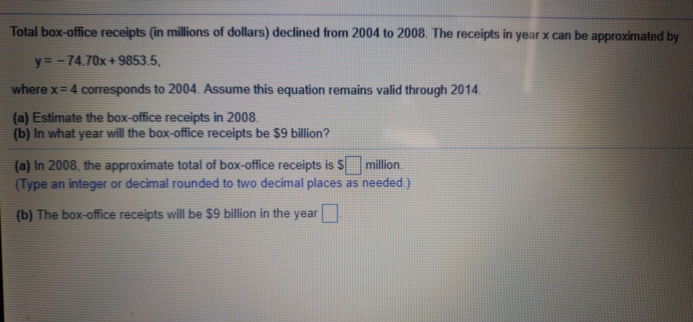 Solved Total box-office receipts (in millions of dollars) | Chegg.com