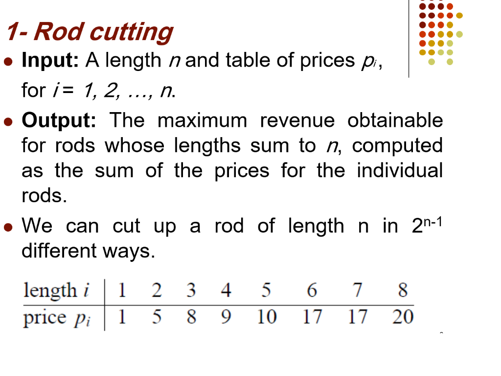 Solved 1- Rod cutting • Input: A length n and table of | Chegg.com