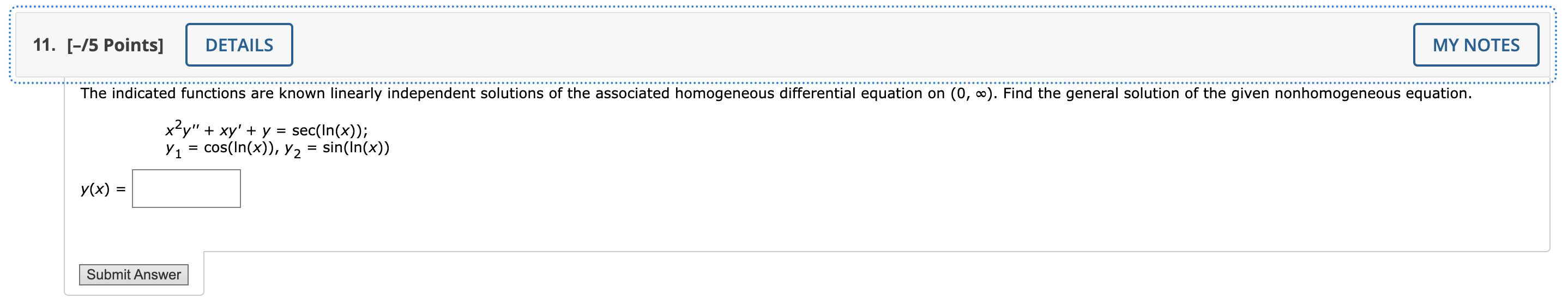 Solved x2y′′+xy′+y=sec(ln(x)) y1=cos(ln(x)),y2=sin(ln(x)) | Chegg.com