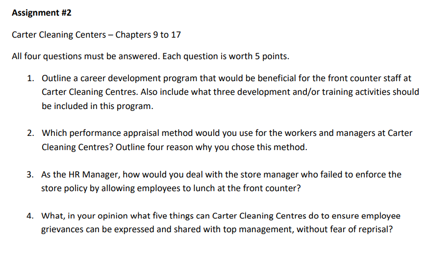 Solved Assignment #2 Carter Cleaning Centers - Chapters 9 to | Chegg.com
