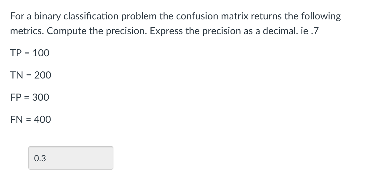 Solved For a binary classification problem the confusion | Chegg.com