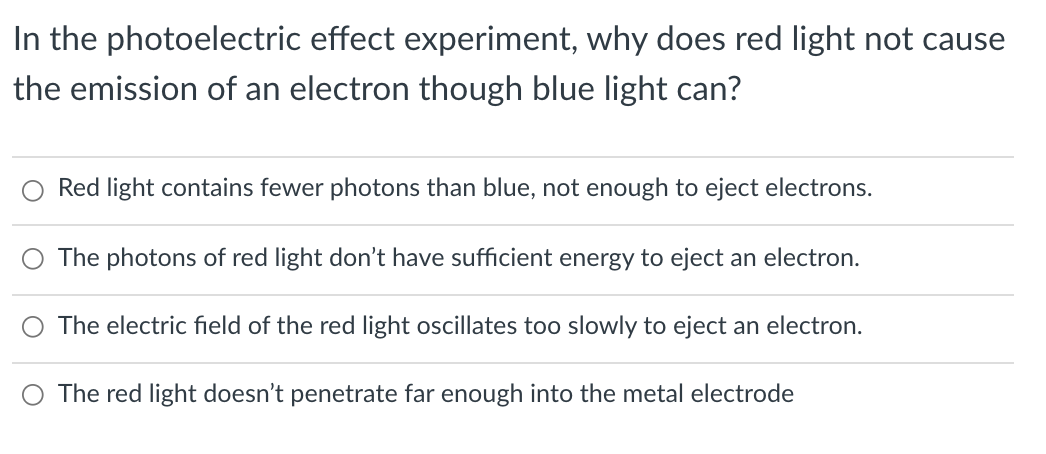 Solved In the photoelectric effect experiment, why does red | Chegg.com